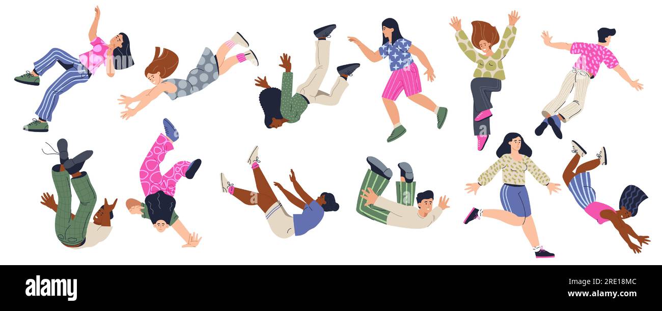 Falling characters. Cartoon flying male and female characters, floating ...