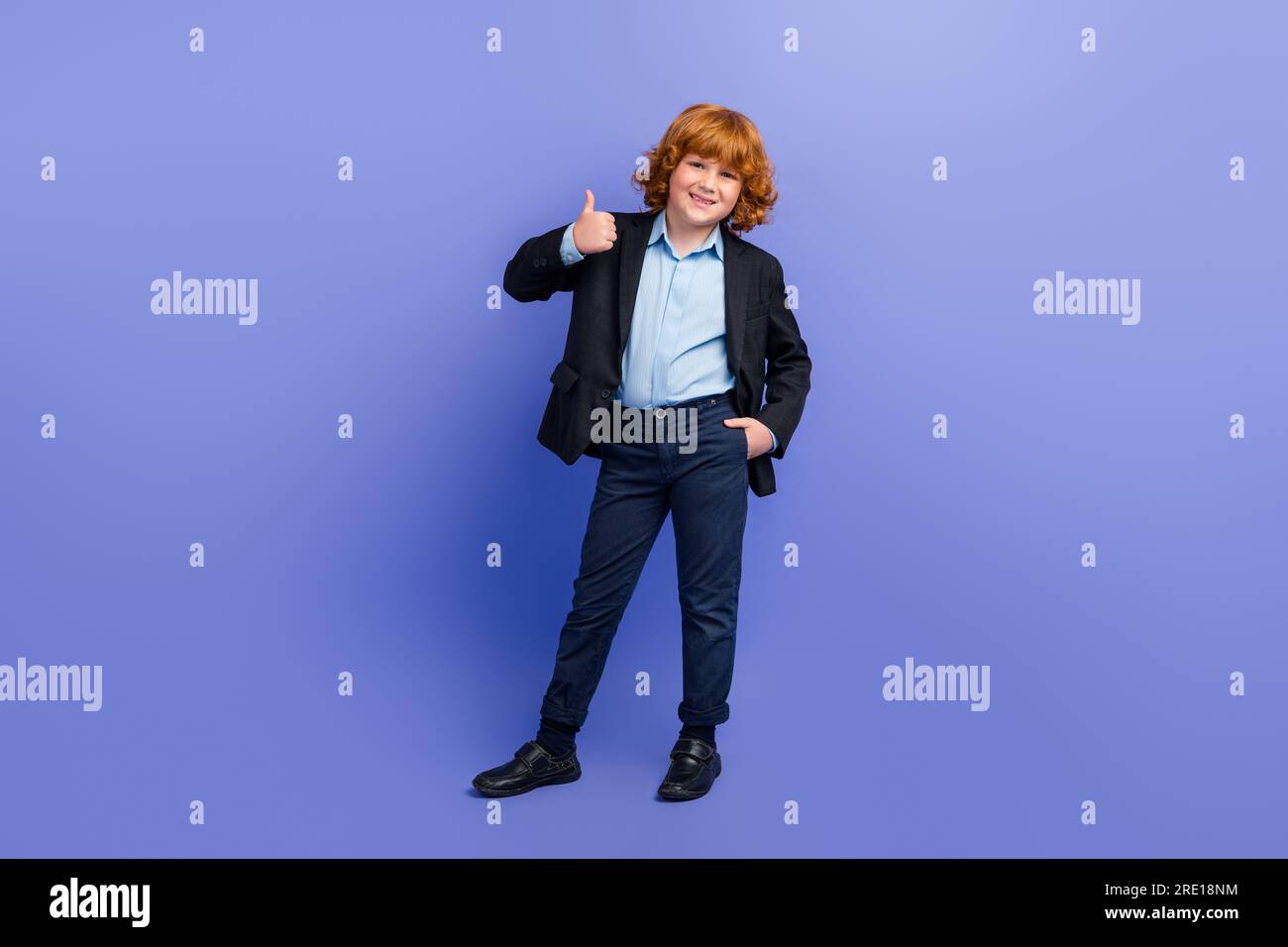 Full size photo of cheerful little boy hand finger demonstrate thumb up ...