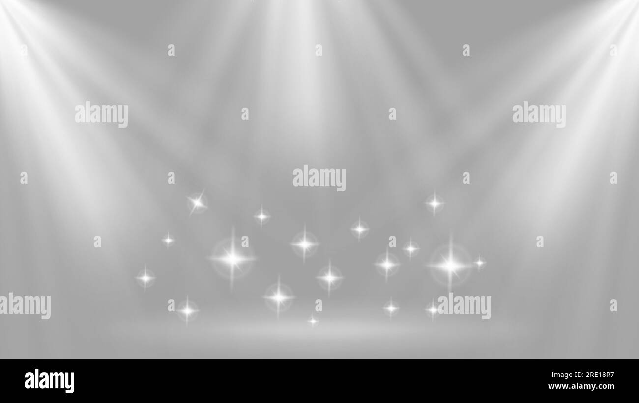 White realistic lights scene with sparkles. Staging light for theater ...