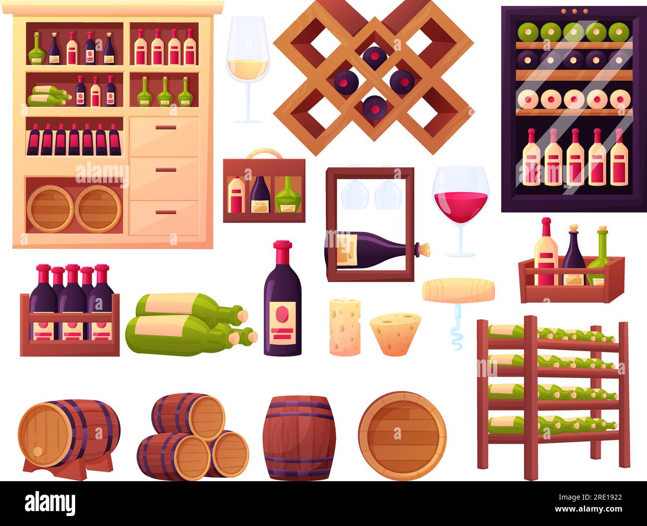 Wine cellar elements, alcohol bottles and wooden barrels. Vineyard or ...