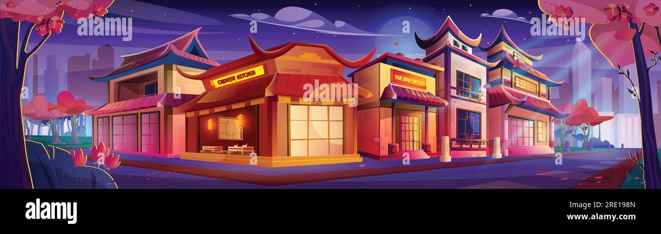 Night China town street in modern city. Vector cartoon illustration of ...