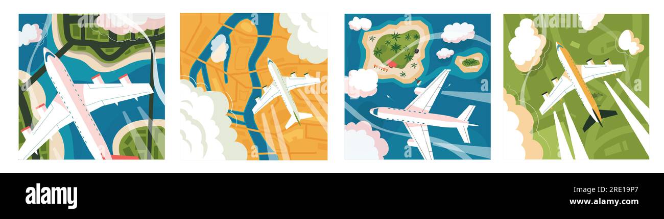 Plane aerial view. Summer landscape with flying air transport, top view ...