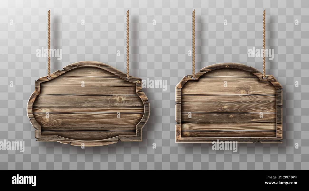 Wooden boards hang on ropes set. Realistic signboards with wood texture ...