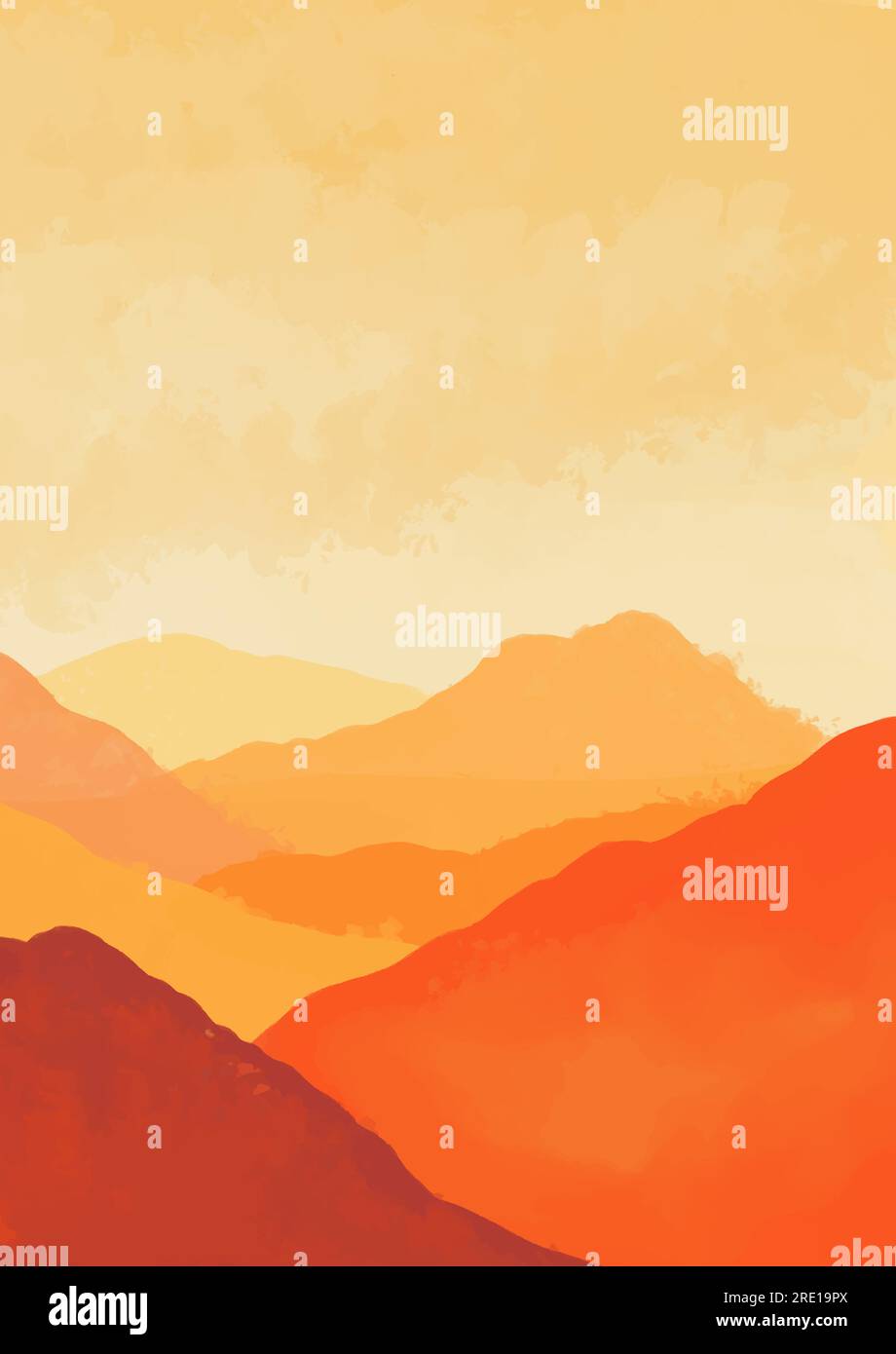 Hand painted mountain landscape background in shades of orange Stock ...