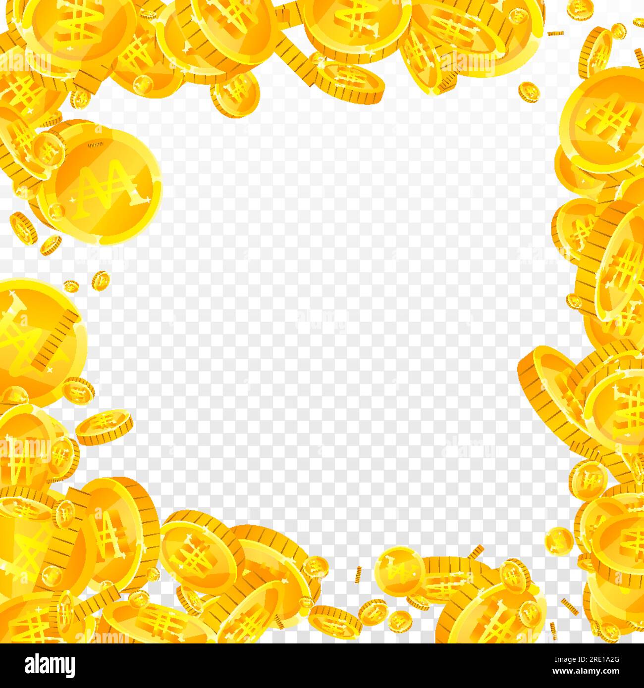 Korean won coins falling. Scattered gold WON coins. Korea money. Great ...