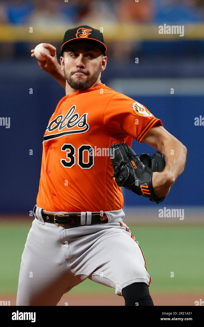 Baltimore Orioles starting pitcher Grayson Rodriguez throws to a Tampa ...