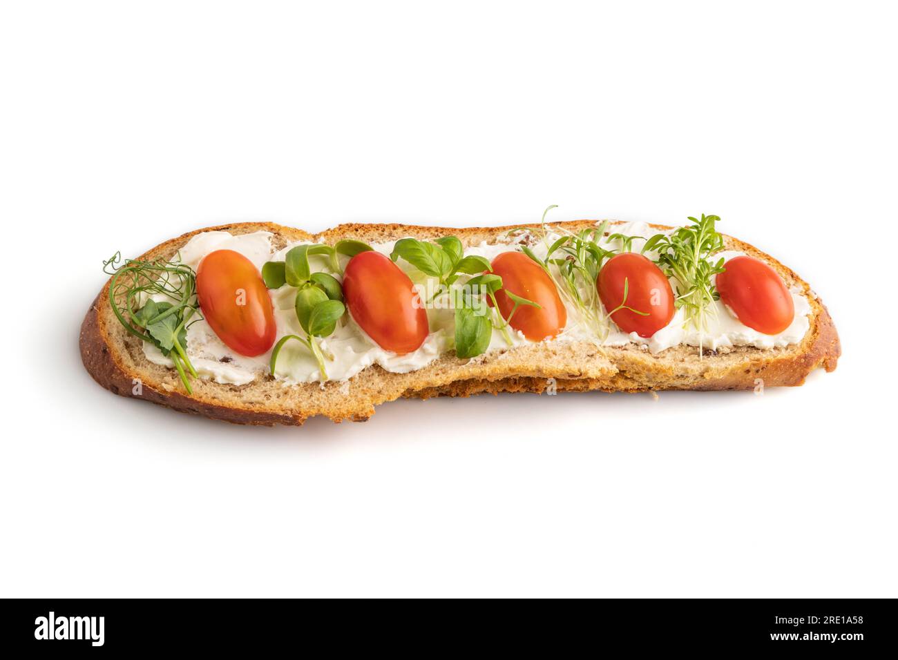 Long white bread sandwich with cream cheese, tomatoes and microgreen ...