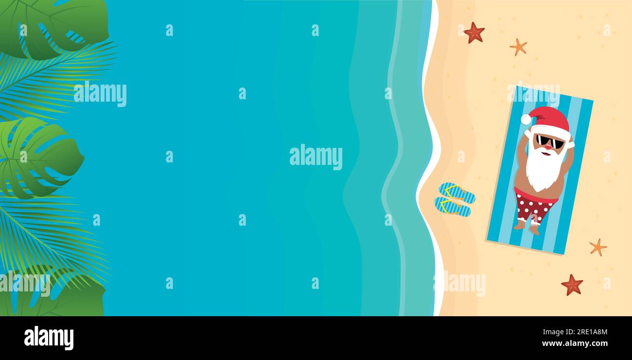 cute santa claus lying on the beach under a palm tree Stock Vector ...