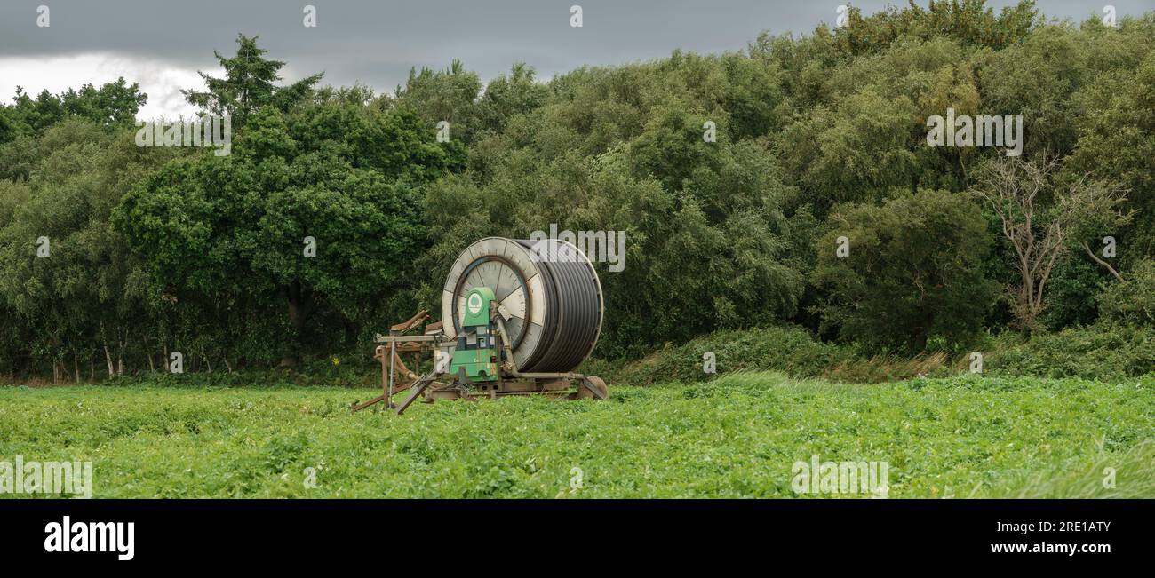 Field watering irrigation system fully wound hose on reel in a field of ...