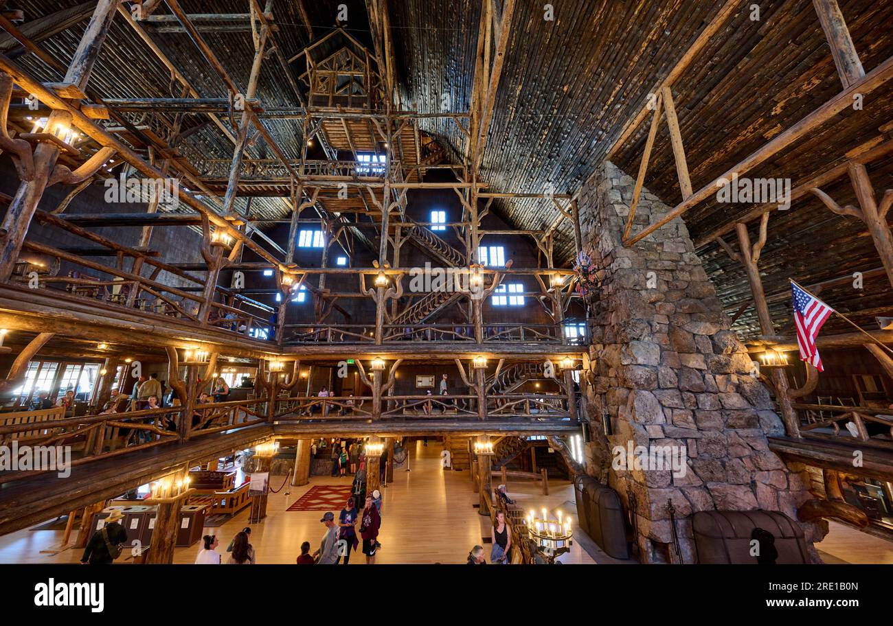 interior shot of wooden architecture of Old Faithful Inn, Yellowstone ...