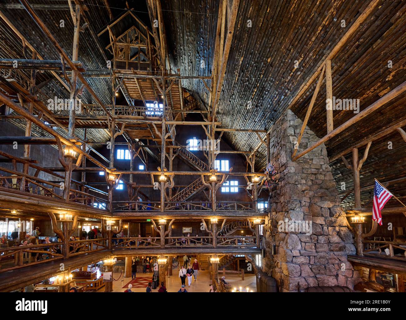 interior shot of wooden architecture of Old Faithful Inn, Yellowstone ...