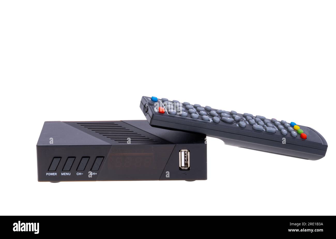 television tuner with remote control isolated on white background Stock ...