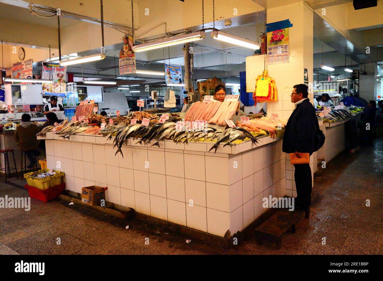 Fish and seafood stall in La Aurora market, Av Emancipación, central ...