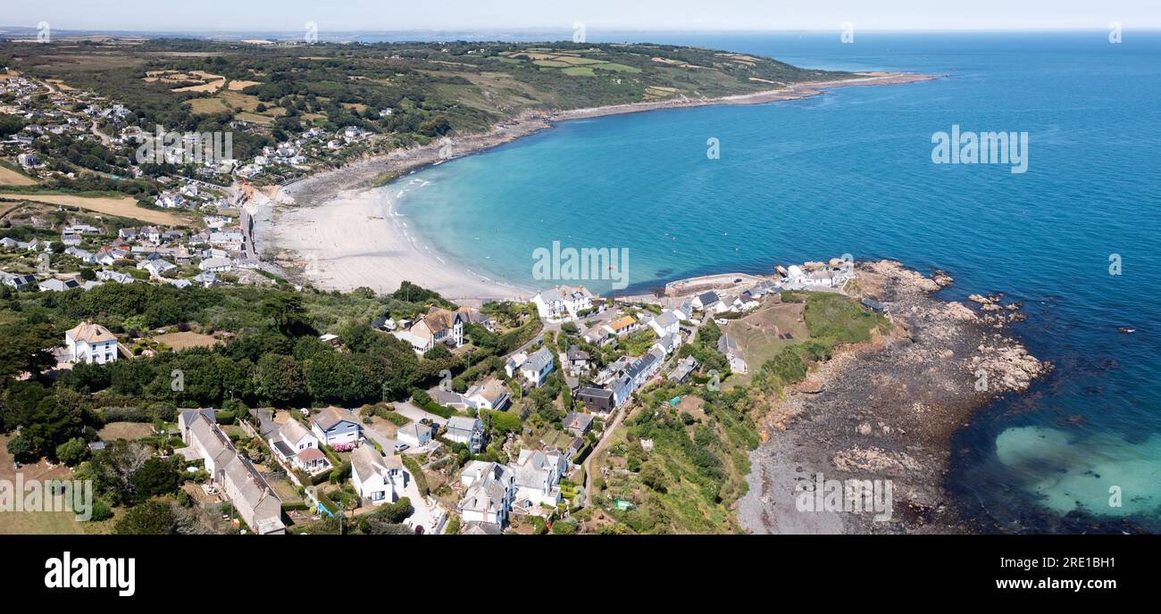 Aerial landscape of the quaint Cornish fishing village of Coverack in ...