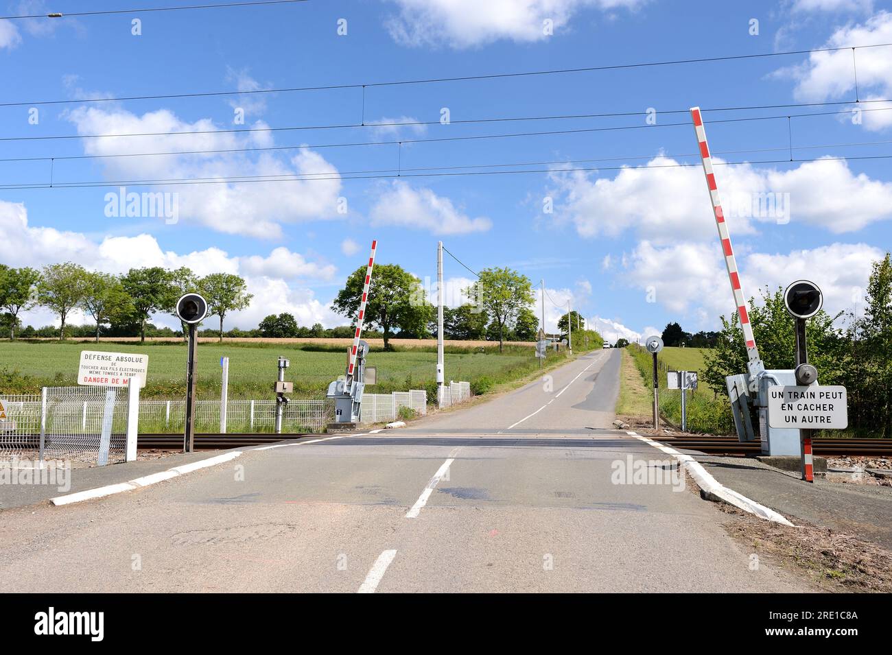 Level Crossing On A Country Road With Automatic Railway Gate Open Automatic Barriers “one Train 5544