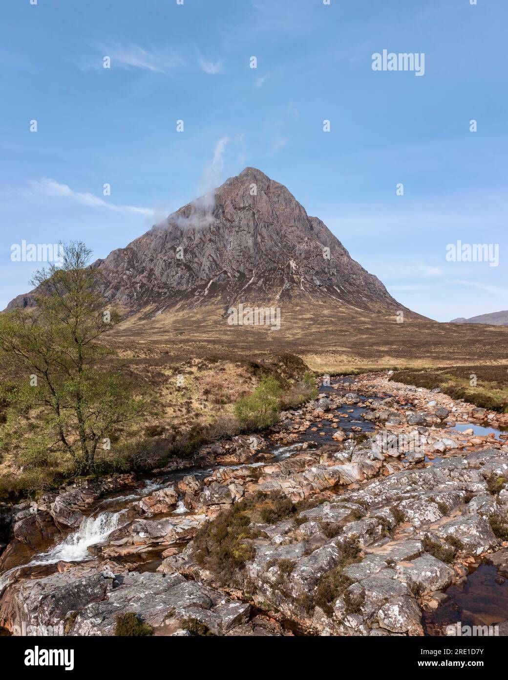 buachaille etive mor glencoe scotland elevated view with river coupall ...