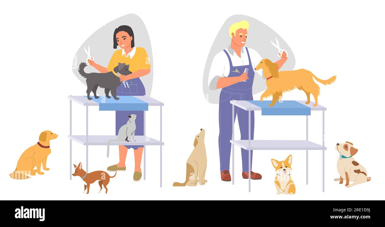 Grooming pet master caring dogs fur vector illustration set Stock ...