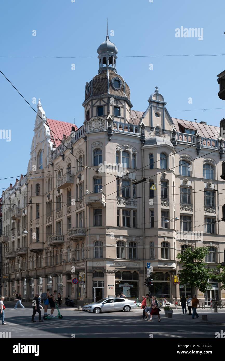 Nouveau or Jugendstil style building in Brīvības Street with turrets ...