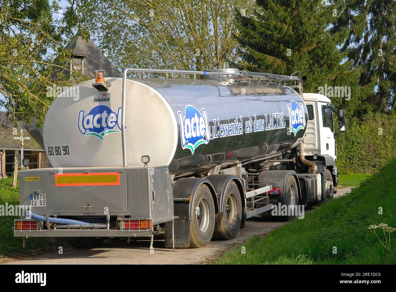 Milk collection, Lactel tank truck, Lactalis Group, in Normandy. Slogan ...