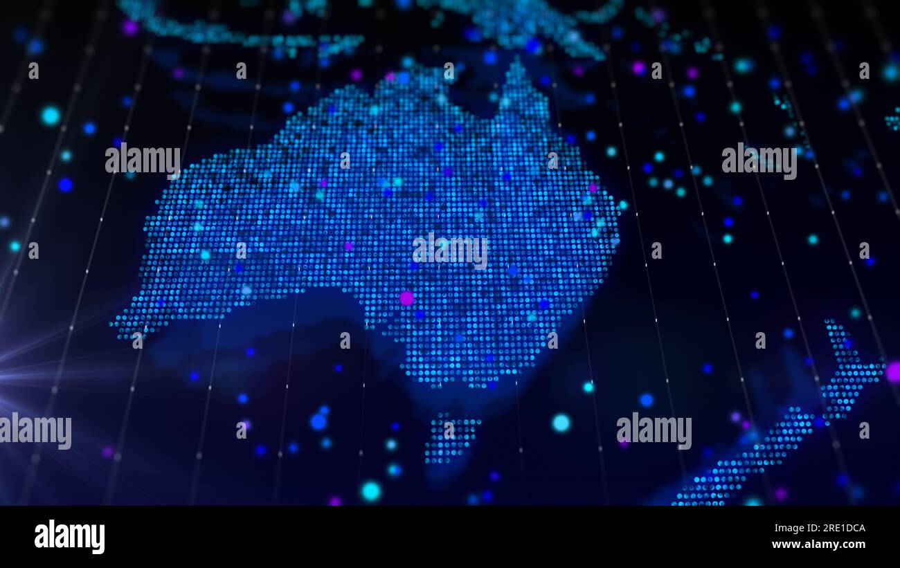 3D rendering digital map of Australia in the form of a bright glowing ...