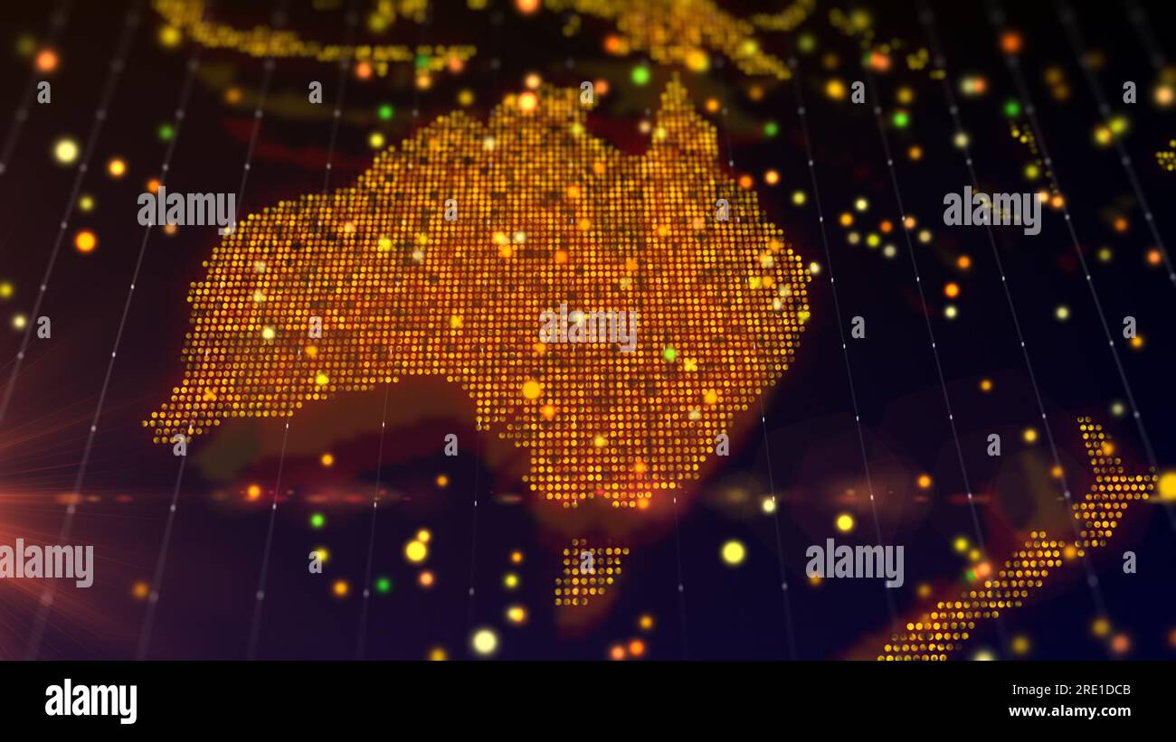 3D rendering digital map of Australia in the form of a bright glowing ...
