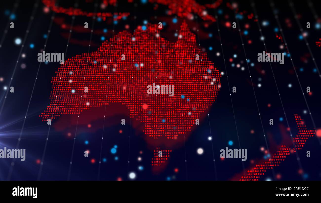 3D rendering digital map of Australia in the form of a bright glowing ...