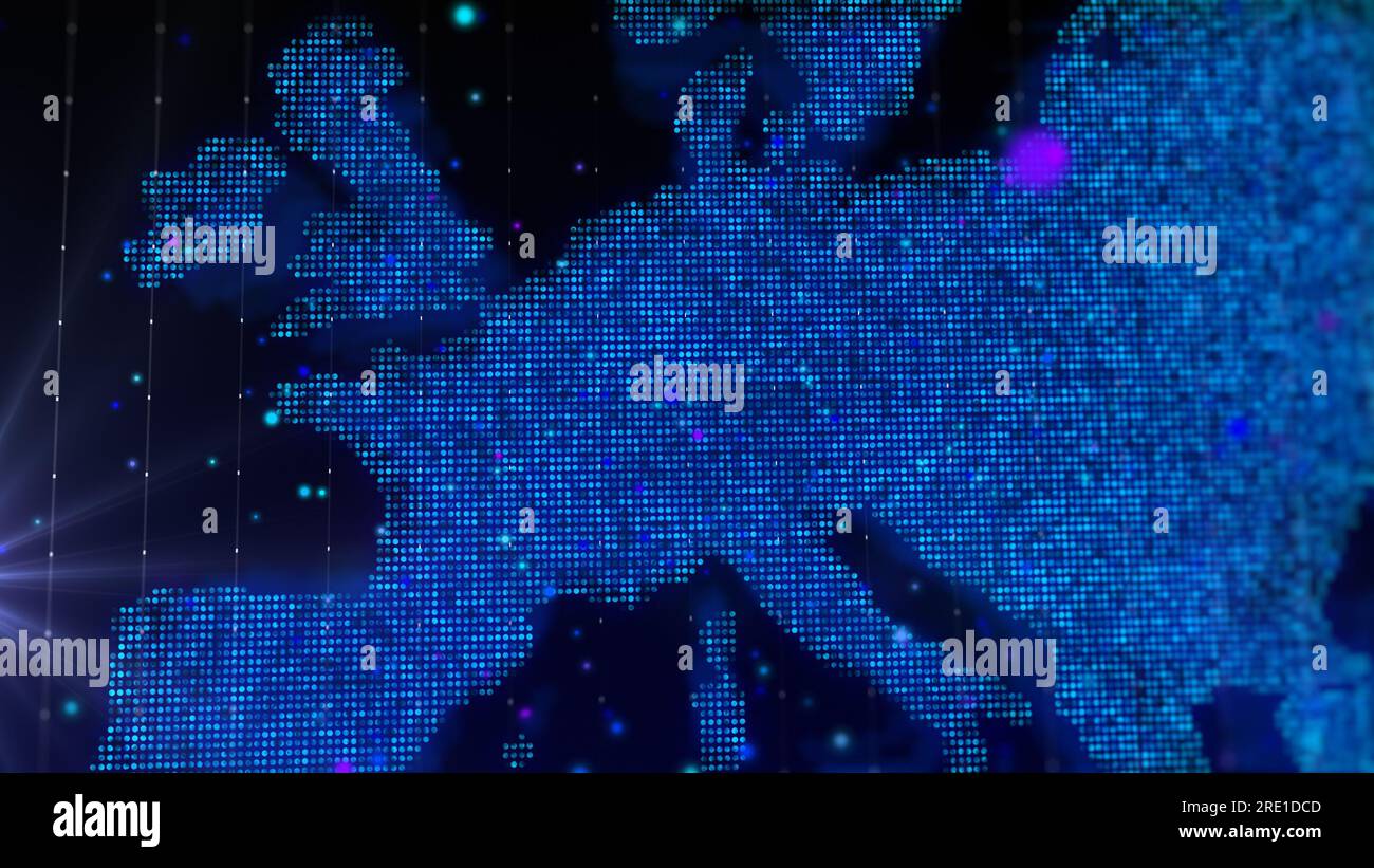 3D rendering digital map of Europe in the form of a bright glowing ...