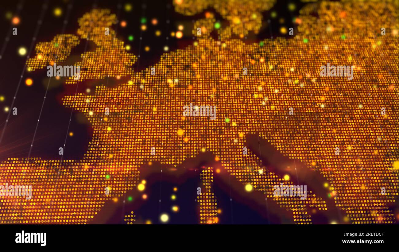 3D rendering digital map of Europe in the form of a bright glowing ...