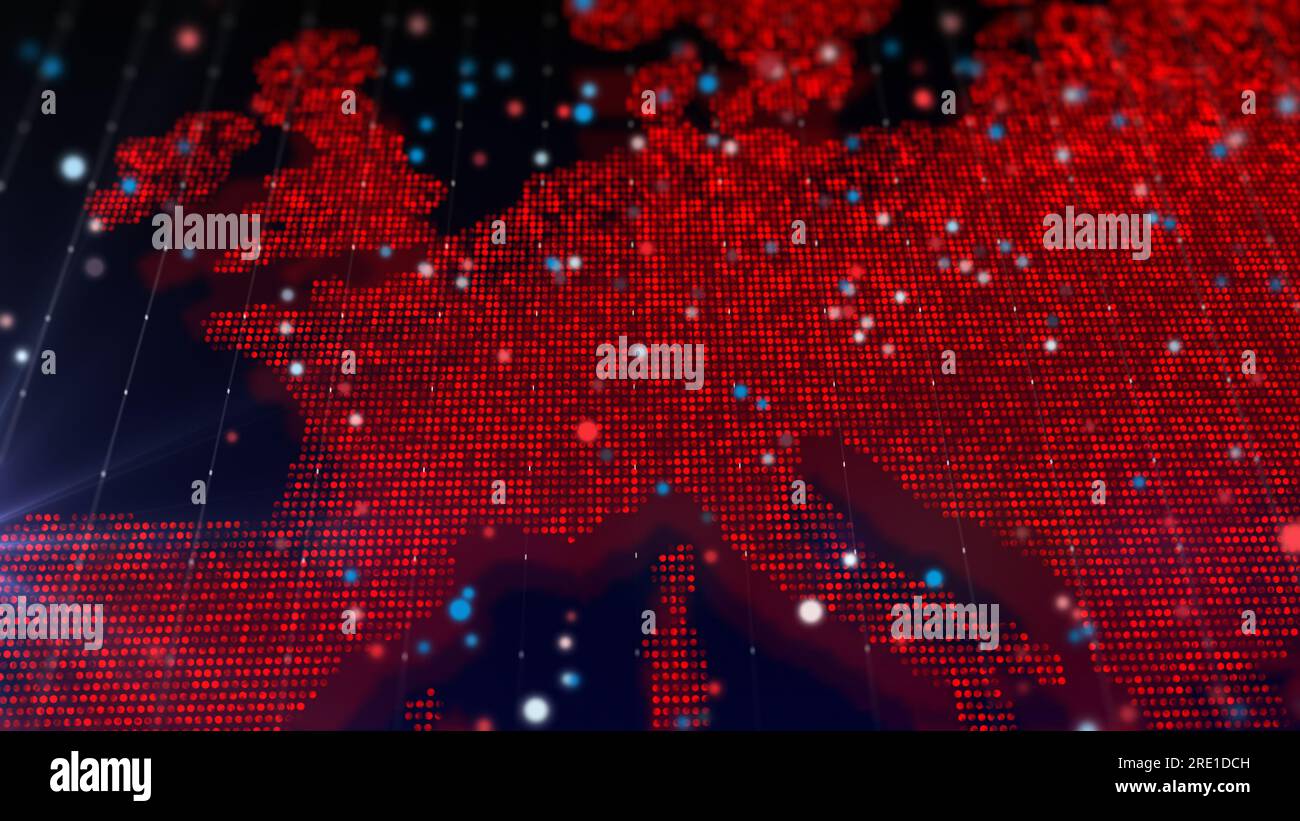 3D rendering digital map of Europe in the form of a bright glowing ...