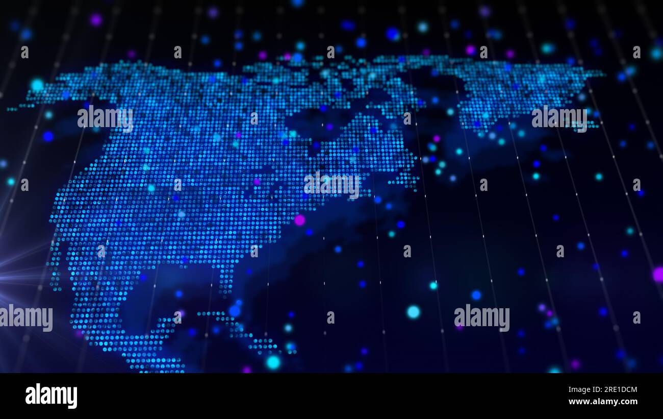 3D rendering digital map of North America in the form of a bright ...