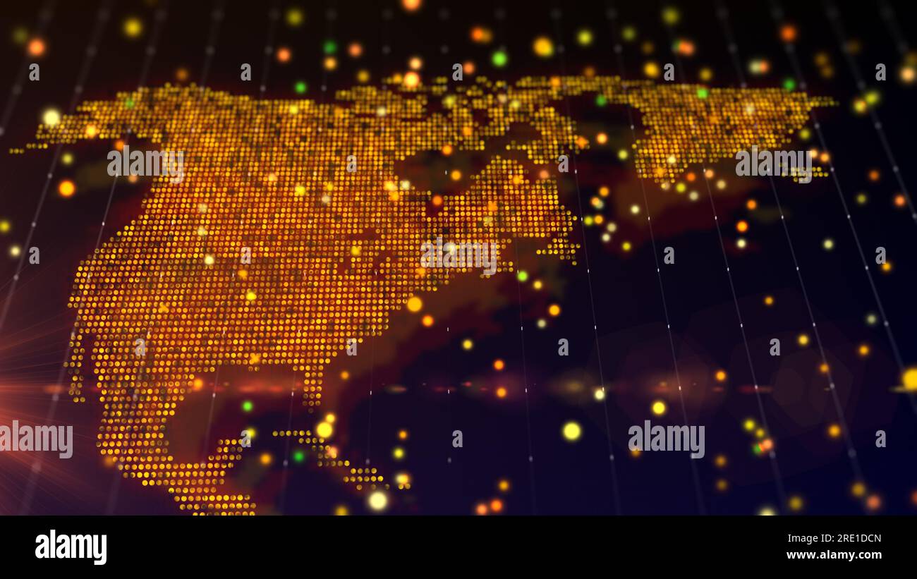 3D rendering digital map of North America in the form of a bright ...