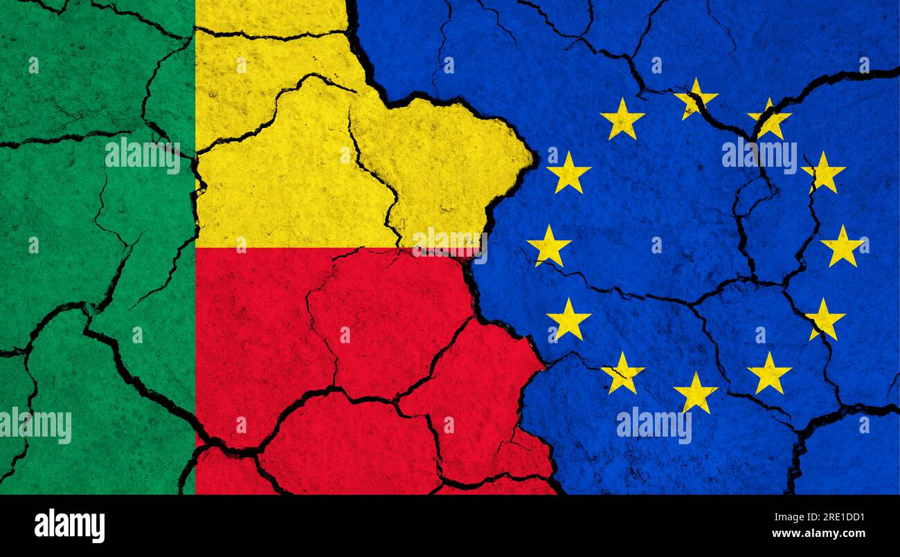 Flags of Benin and European Union on cracked surface - politics ...