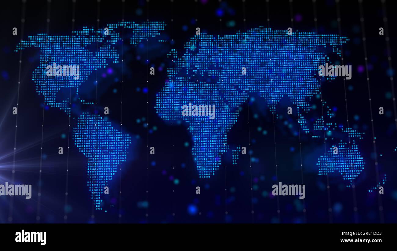 3D rendering digital map of world in the form of a bright glowing particle composition. Big data ...