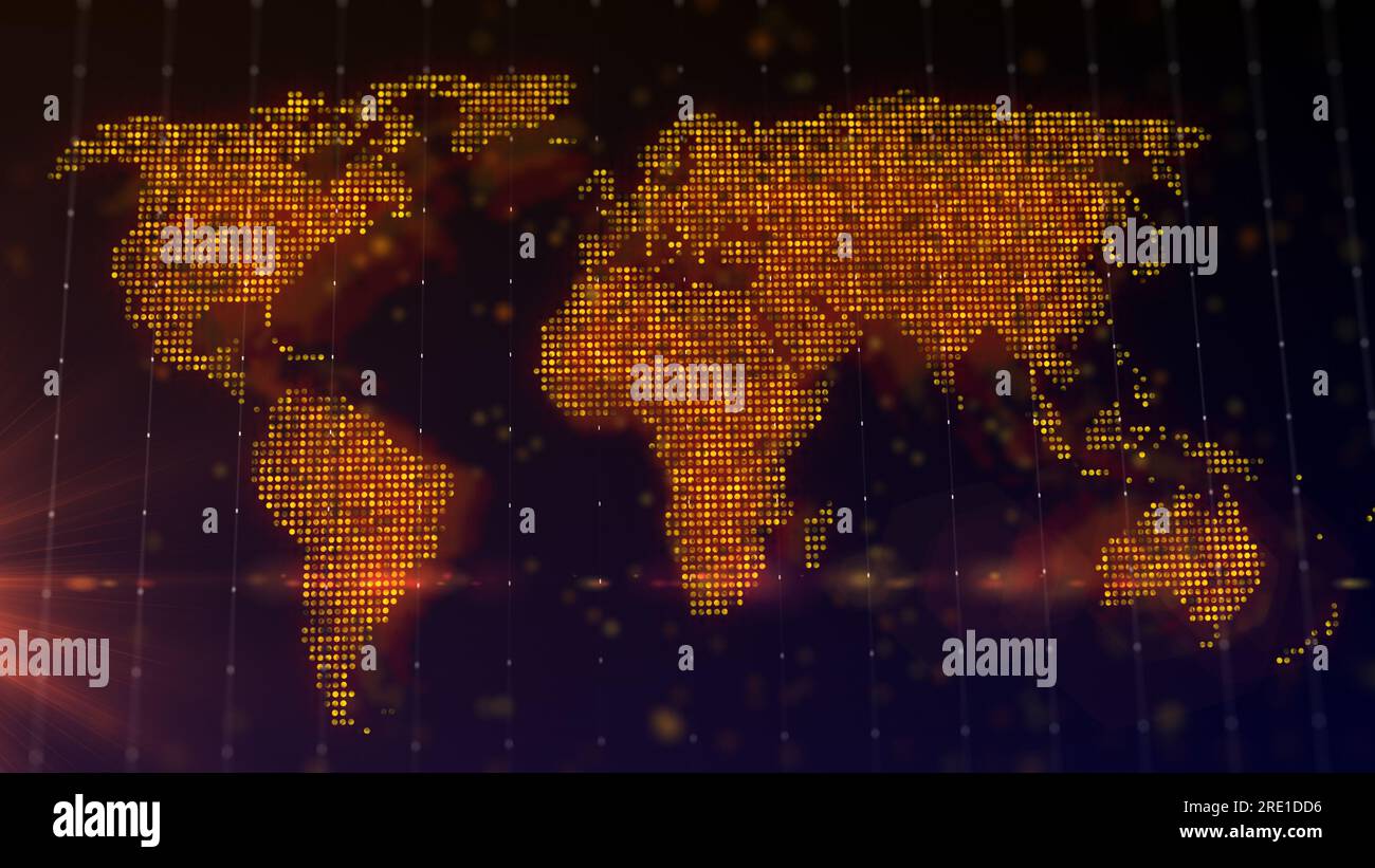 3D rendering digital map of world in the form of a bright glowing particle composition. Big data ...