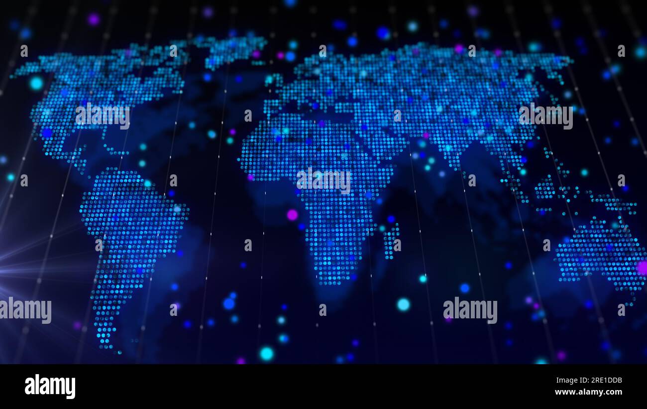 3D rendering digital map of world in the form of a bright glowing ...