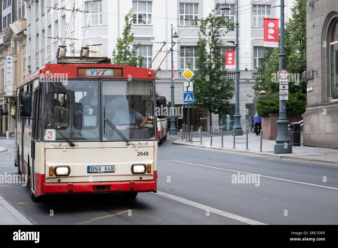 Old Skoda Trolley Buses in a street in Vilnius, Lithuania. Public ...