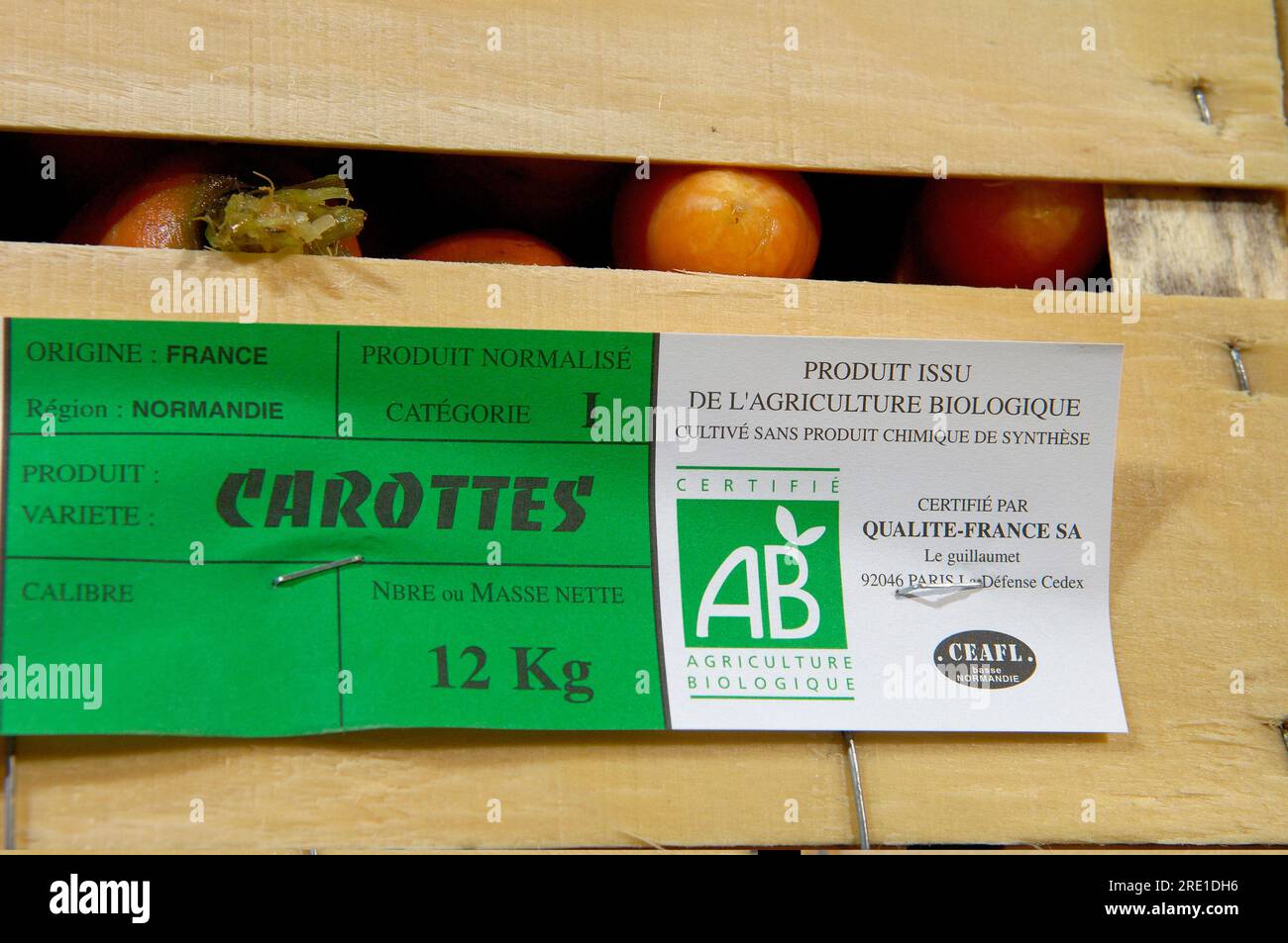 Organic truck farming: labeling crates of organic carrots, AB label ...