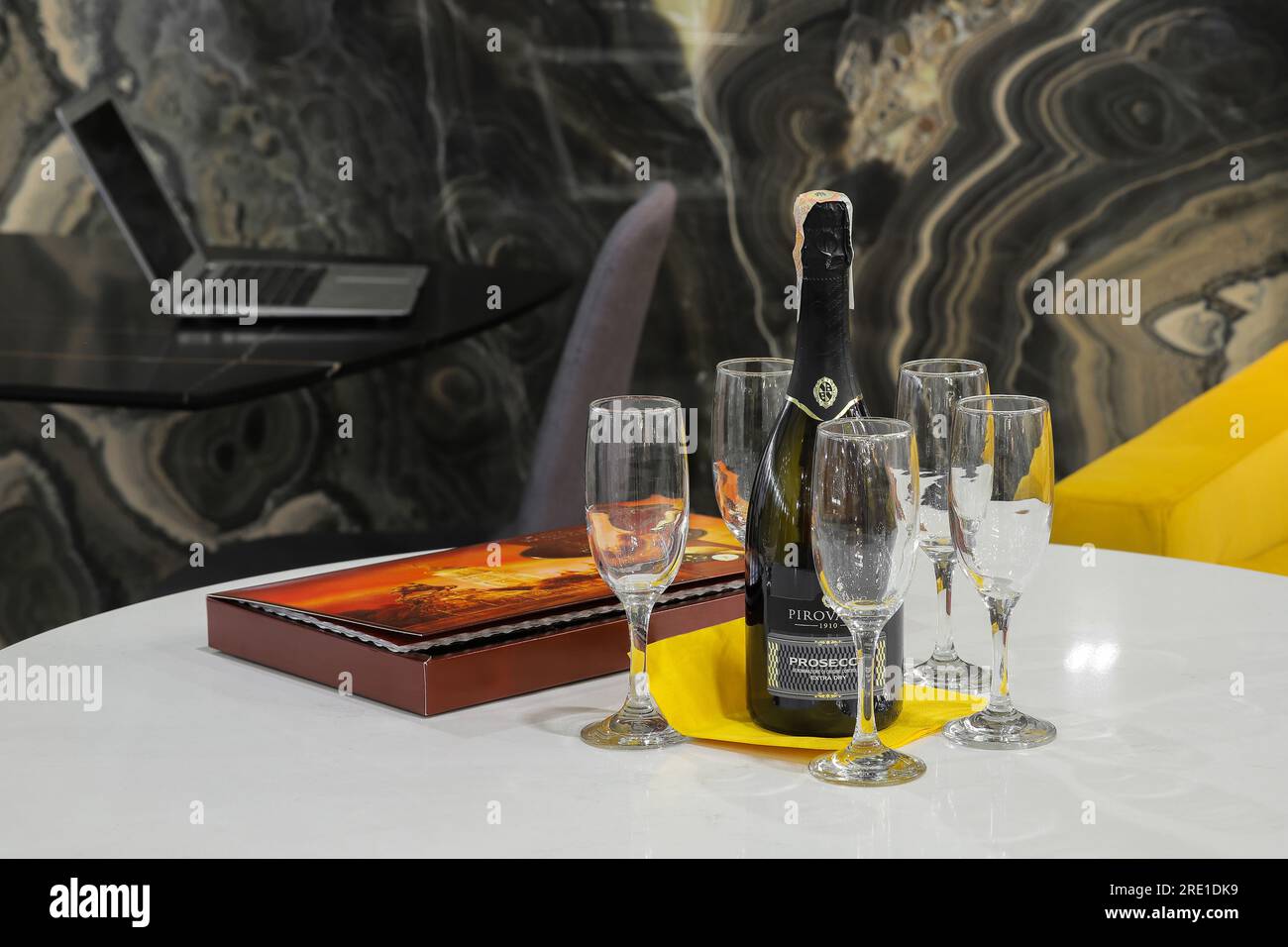 Bottle of prosecco with glasses on the table Stock Photo - Alamy