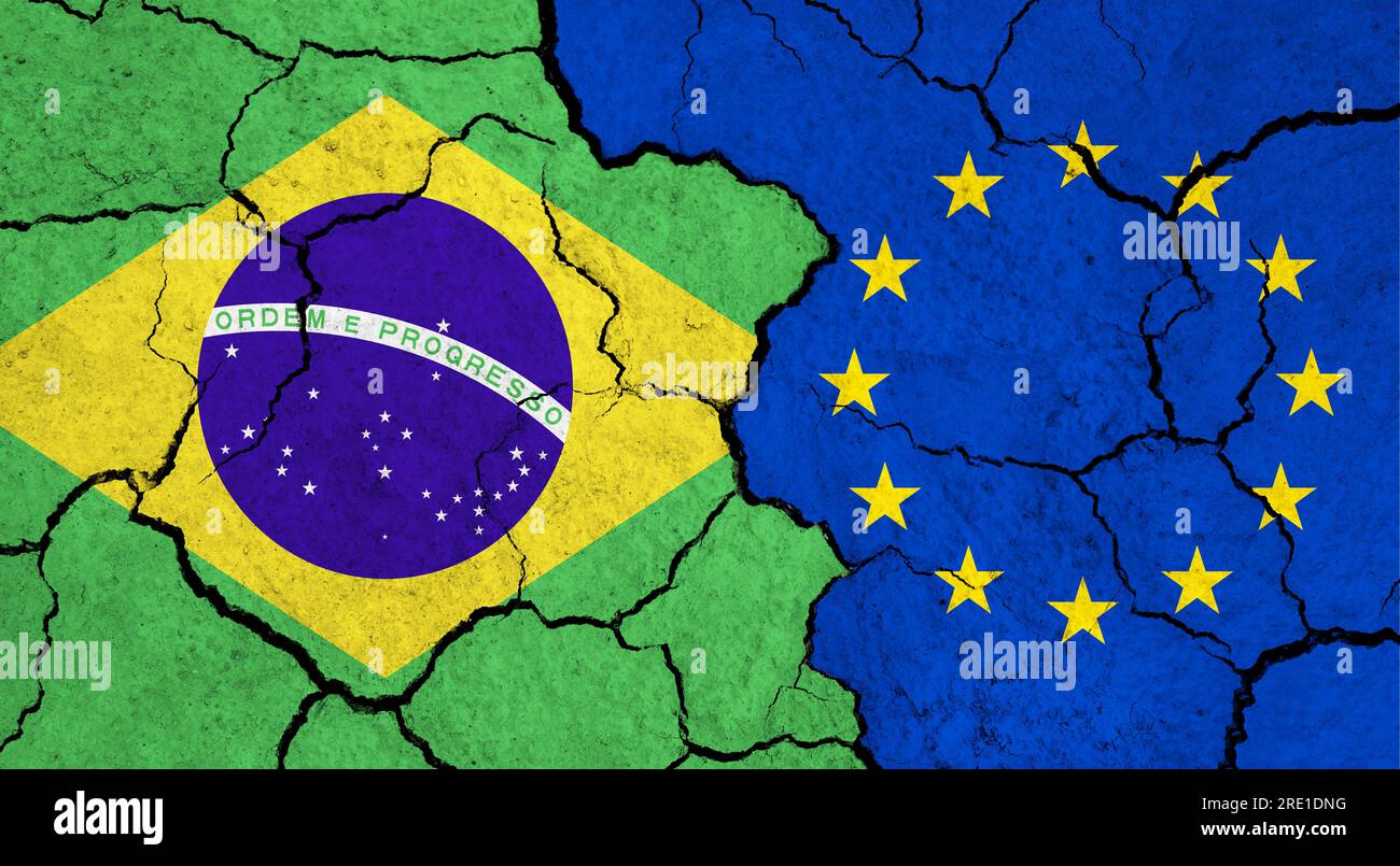 Flags of Brazil and European Union on cracked surface - politics ...