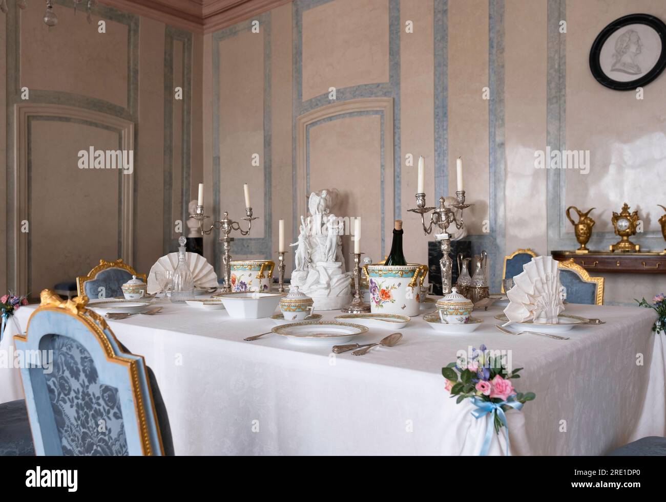 Rundāle Palace interior, dining room. The dining table is set Stock ...