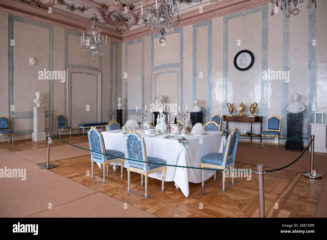 Rundāle Palace interior, dining room. The dining table is set Stock ...