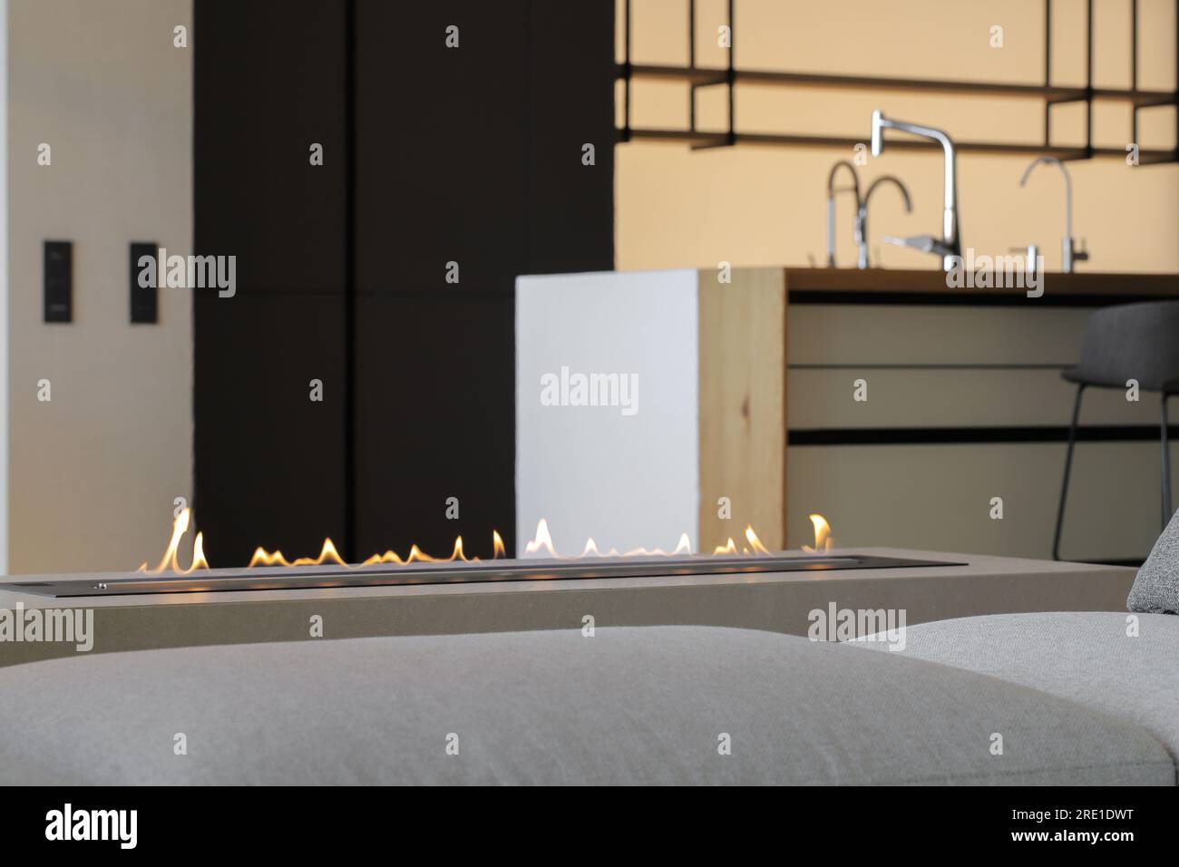 Burning modern eco bio ethanol fireplace in the living room Stock Photo ...