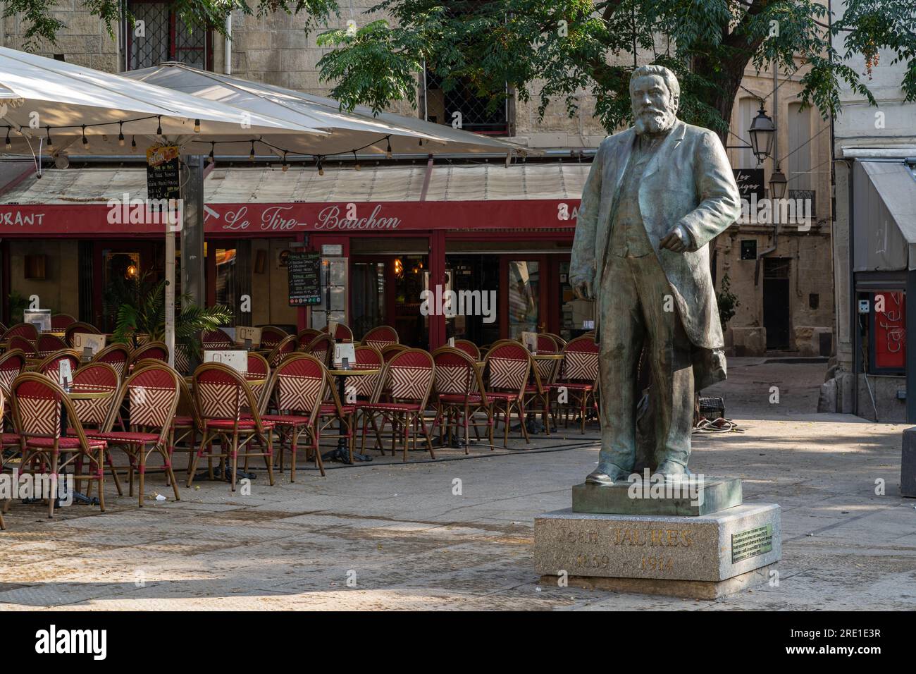 Summer morning view of Place Jean Jaures with statue of the famous ...