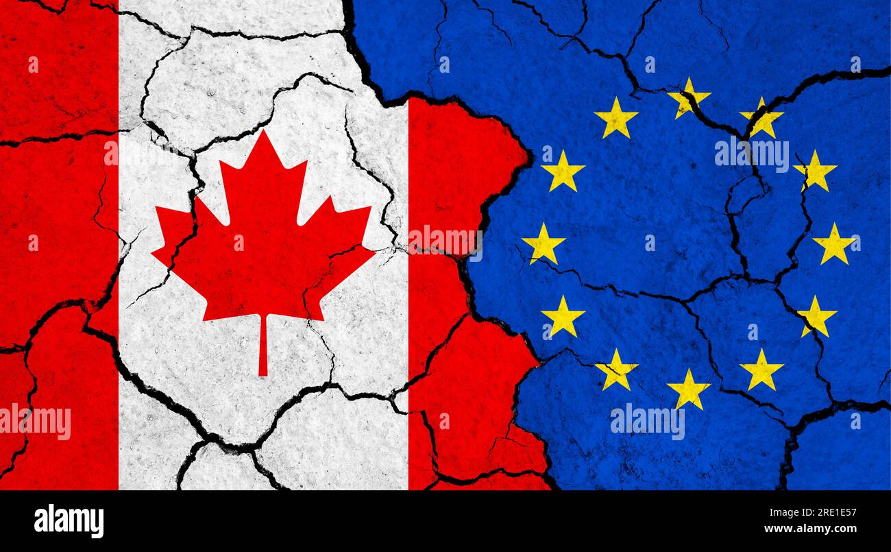 Flags of Canada and European Union on cracked surface - politics ...