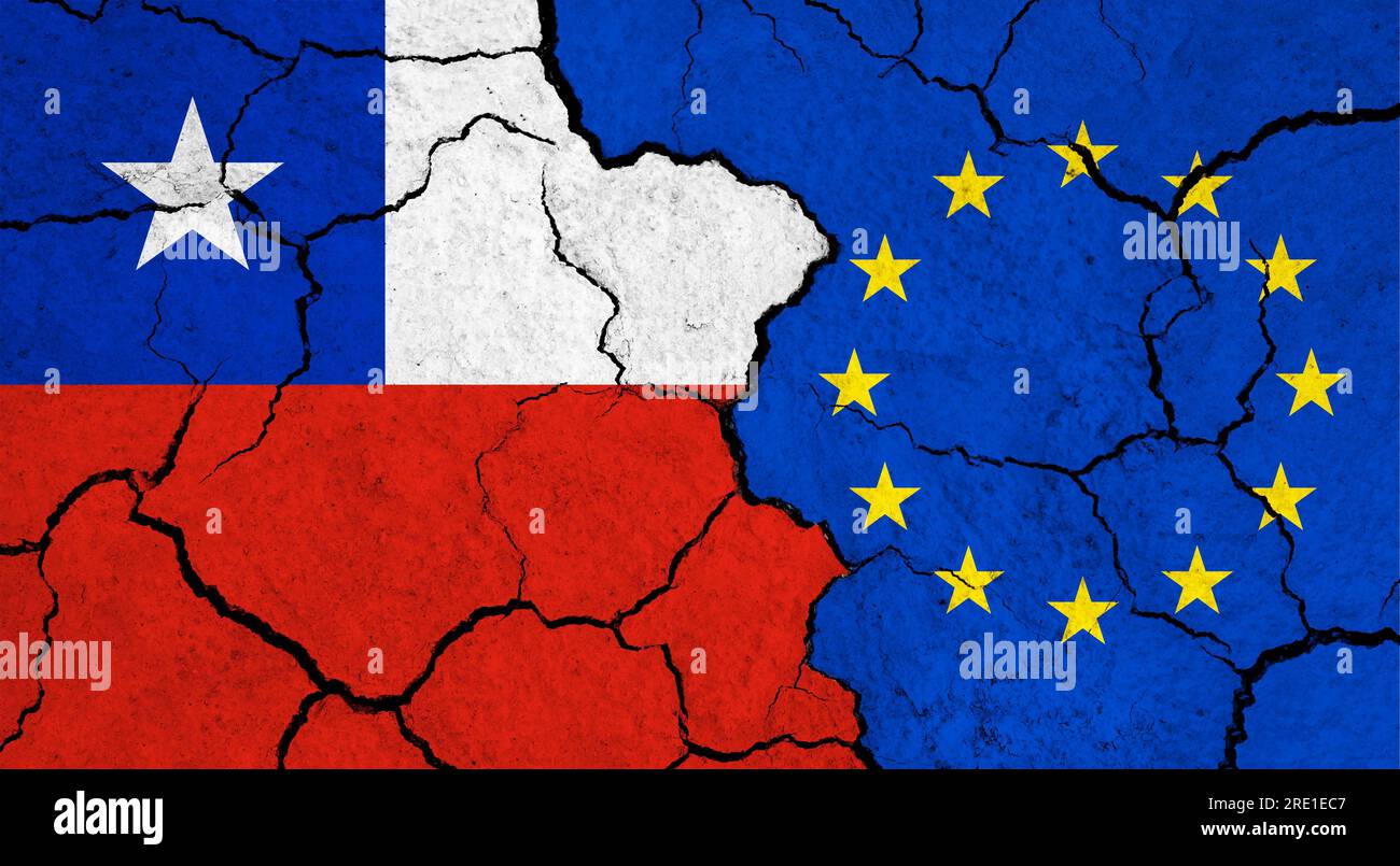 Flags of Chile and European Union on cracked surface - politics ...