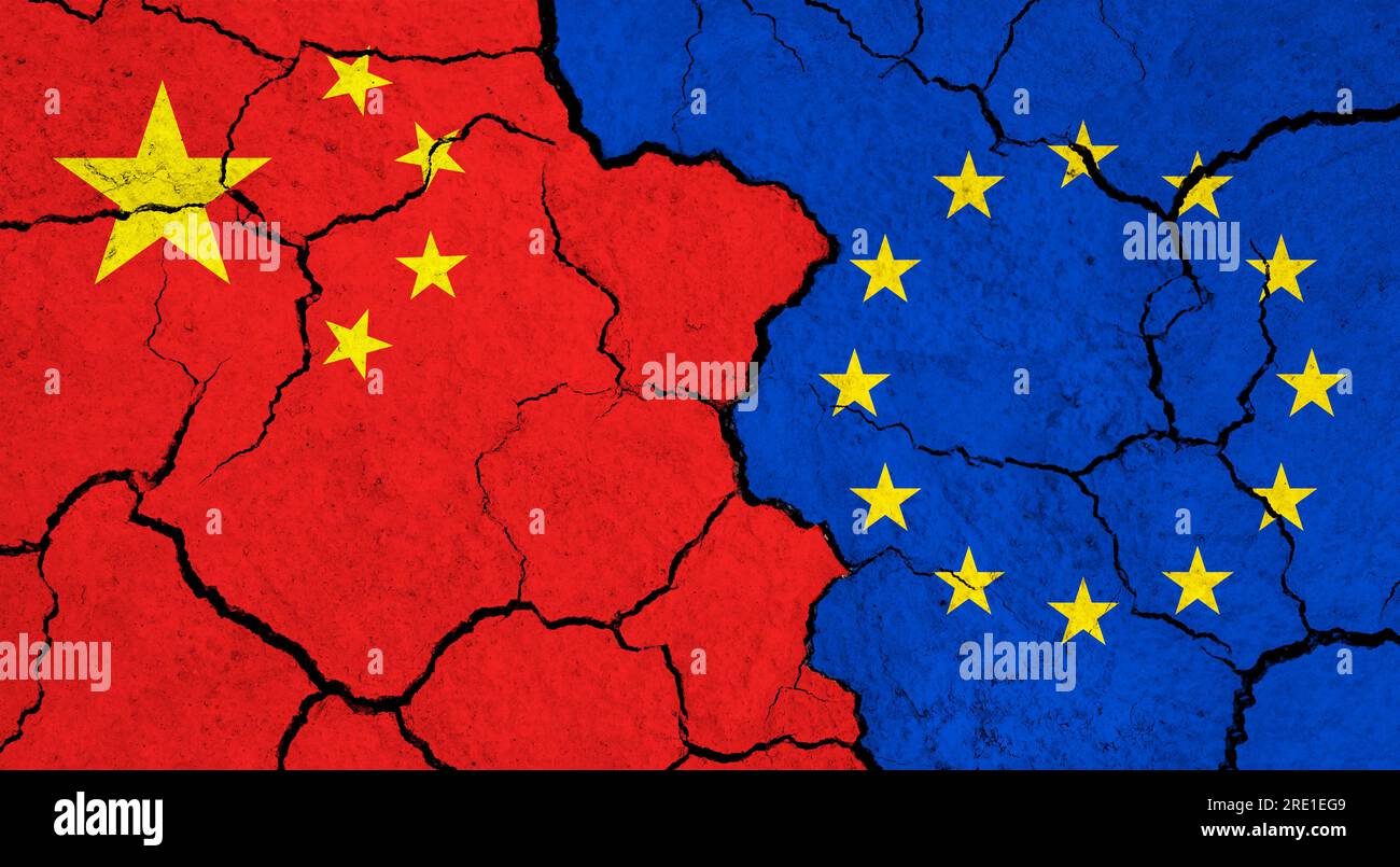 Flags of China and European Union on cracked surface - politics ...