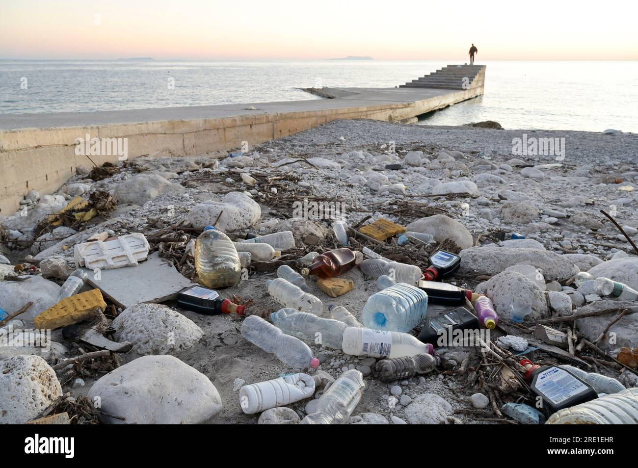 ALBANIA, Dhërni, plastic waste at beach at Adria, Mediterranean sea ...