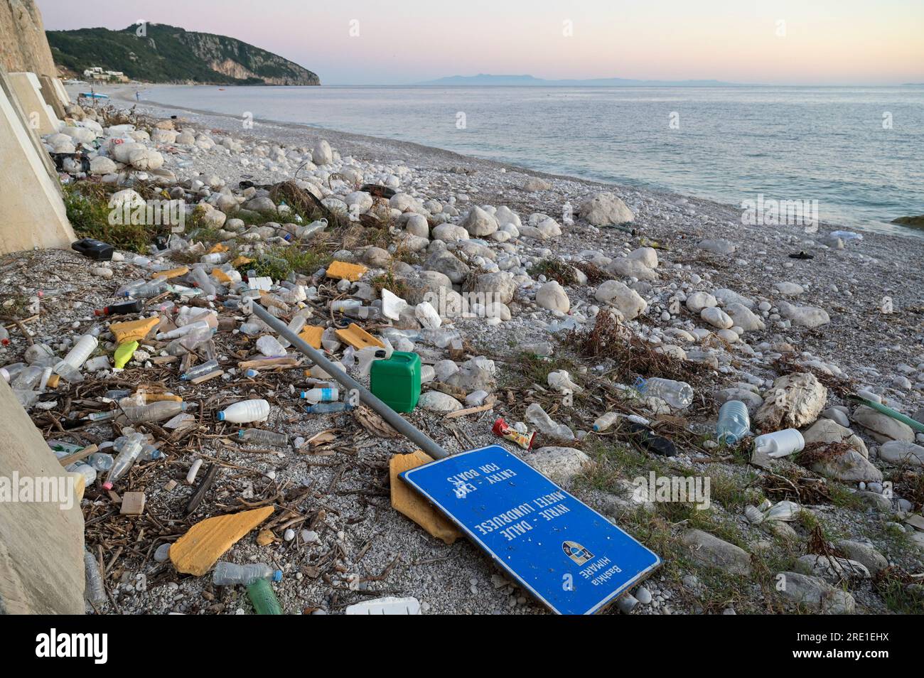 ALBANIA, Dhërni, plastic waste at beach at Adria, Mediterranean sea ...