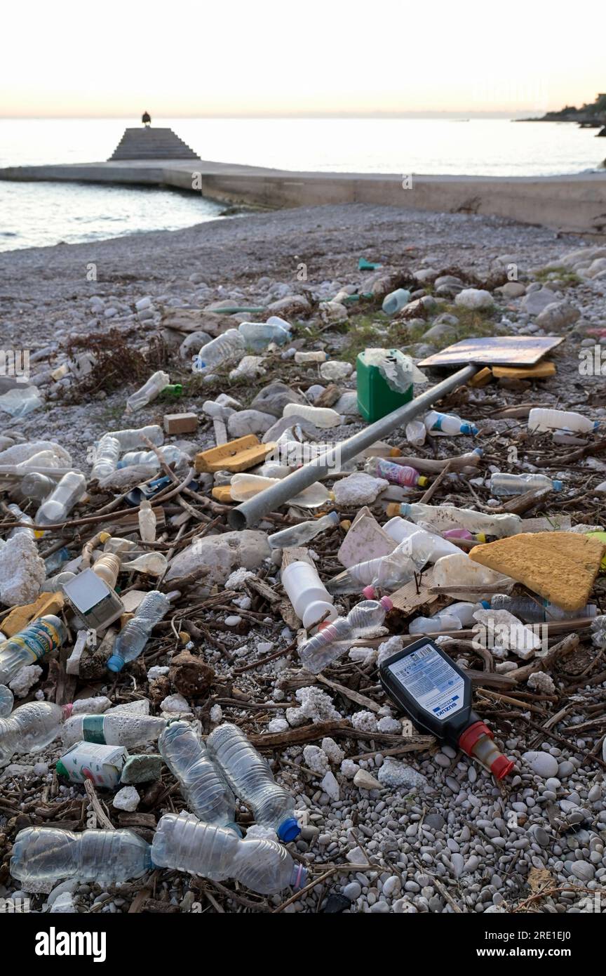 ALBANIA, Dhërni, plastic waste at beach at Adria, Mediterranean sea ...
