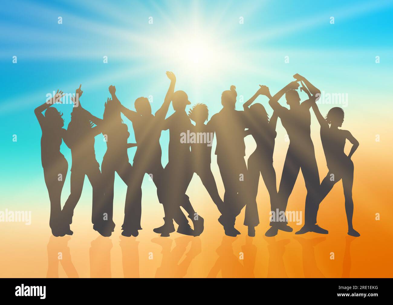 Silhouette of a crowd of people dancing on a beach themed background ...